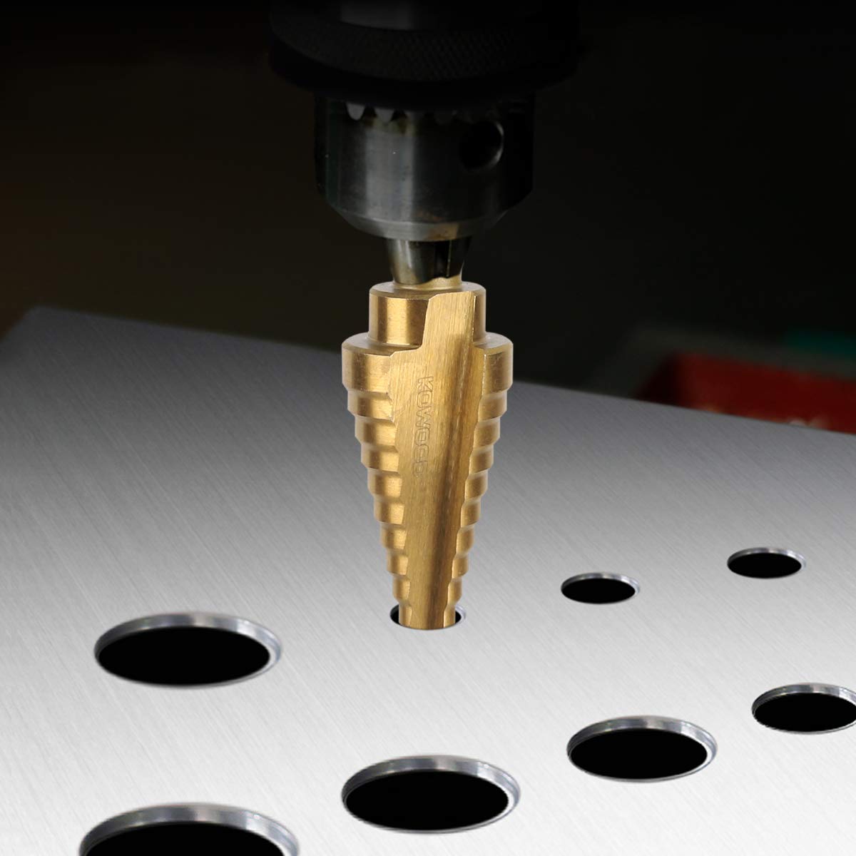 KOWOOD HSS Step Drill Bit Set & Automatic Center Punch 4 Pcs Set with Titanium Coated