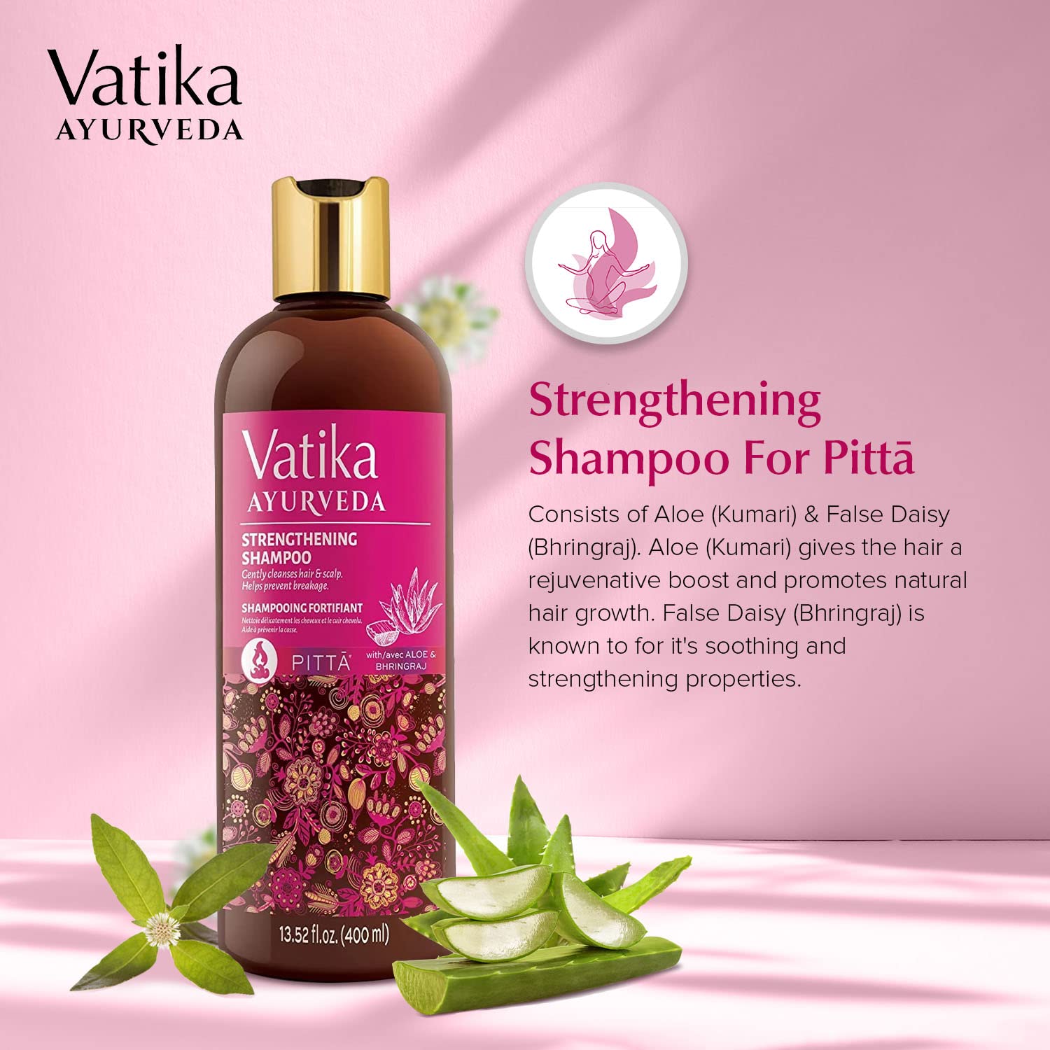 Vatika Ayurveda Strengthening Shampoo, Natural Deep Moisturizing, Hydrating Contains Aloe + False Daisy for Dry, Thin, Color Treated Hair, Long Hair, Split Ends & Strengthening Hair, 400ml (For Pitta)