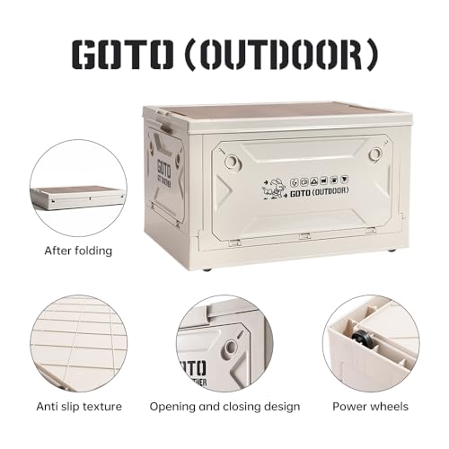 GOTO 50L Folding Storage Box with Wooden Lid, Stackable Foldable Storage Bin with Wooden Cover, Side Opening Folding Storage Containers for Camping, Car Trunk, Home Sorting (Army Green)