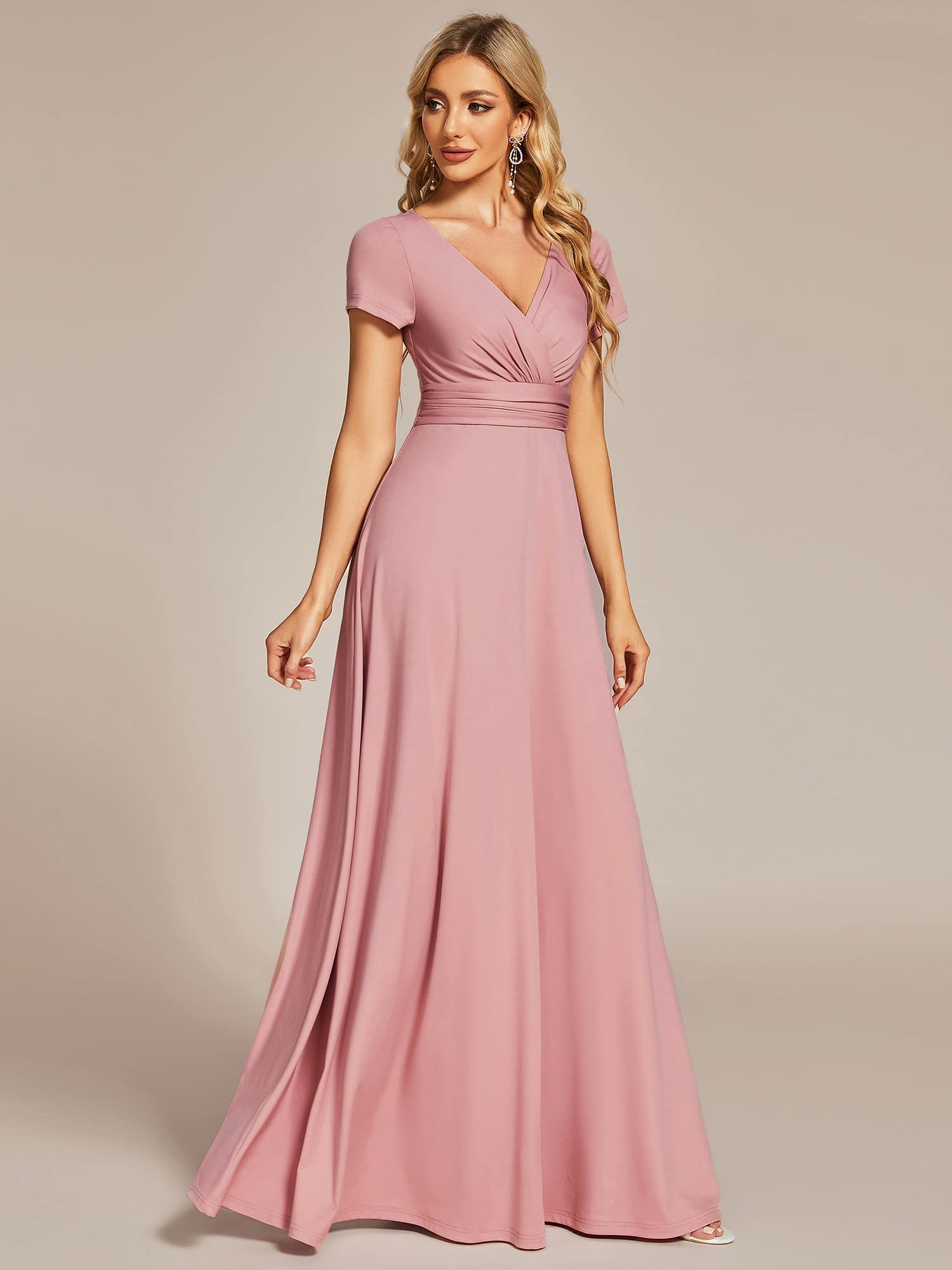 Ever-Pretty Women's Formal Dress Ruched Waist V Neck A Line Bridesmiad Dress with Sleeves Dusty Rose US8