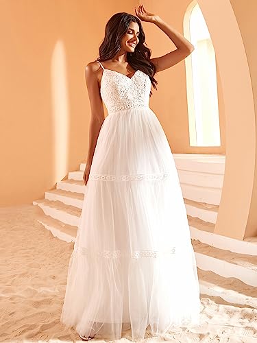 Ever-Pretty Women's Simple V-Neck Spaghetti Strap Beach Ball Gowns for Wedding White US16