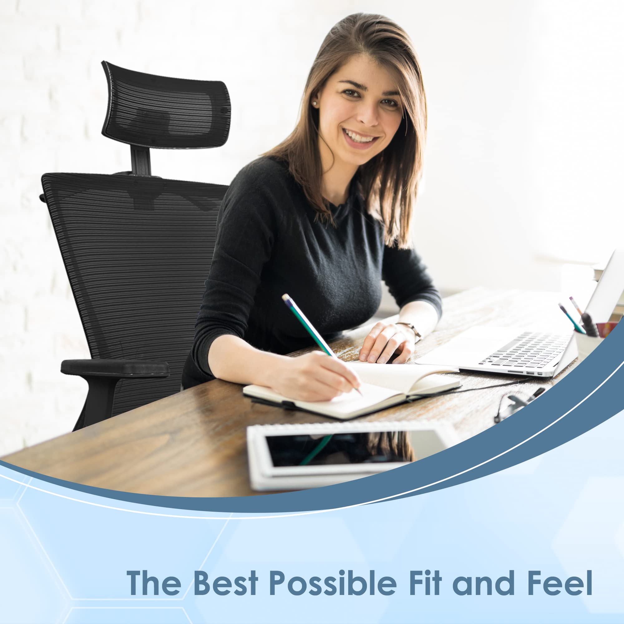 Ergonomic Office Chair - Seat with Adjustable Mesh Headrest & High Back Support - Relieves Back Pressure & Provides Lumbar Support - Height Adjustable Reclining & Rolling Office Chair