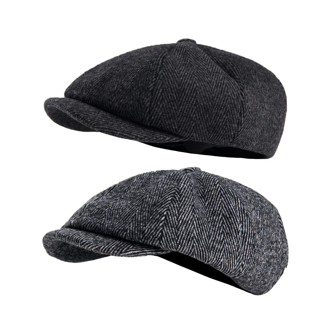 Hccfit 2 Pack Newsboy Cap Peaky Herringbone Baker Boy Flat Caps for Men Women (Black and Gery)