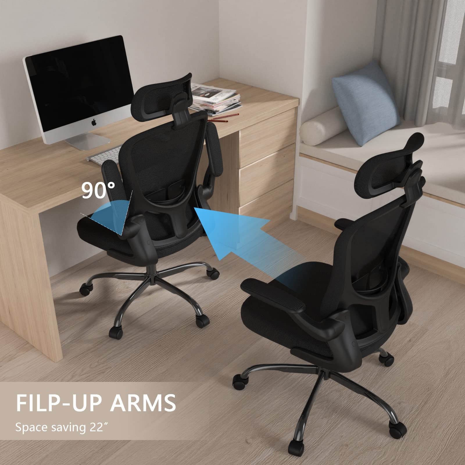 Ergonomic Office Chair, Comfortable Swivel Computer Chair, Breathable Mesh Desk Chair, High Back Home Office Chair with Flip-up Arms and Lumbar Support