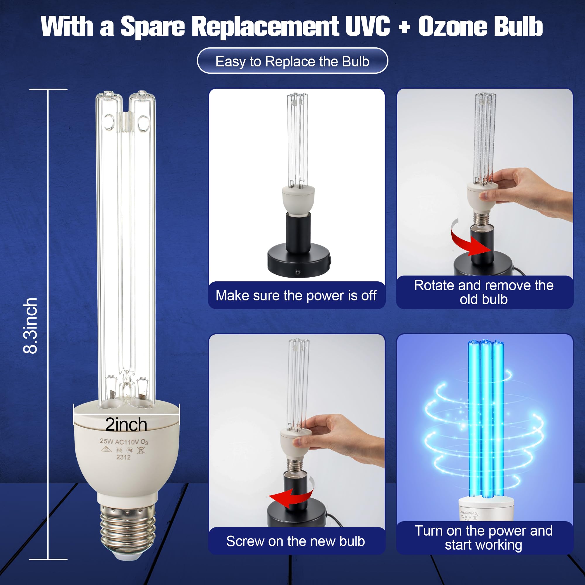 Qualirey 25 Watt UV Light, UVC Lamp with E27 Base and Replacement UVC Bulb, UV Light Bulb for Basement/Bedroom/Kitchen, with Ozone