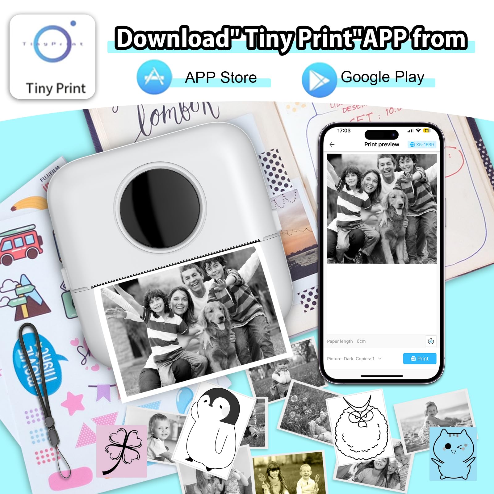 HuiJuKeJi Mini Inkless Printer for iOS&Android with Hard Protection Portable Storage Case,Bluetooth Thermal Pocket Printer with 11 Rolls of Thermal Paper&Sticker to Print Photo Receipt