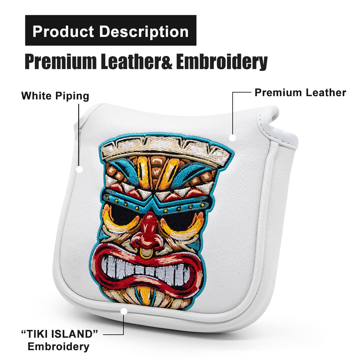 Golf Square Heel Shaft Mallet Putter Cover Headcover, Demon Mask Design Magnetic Closure Elegant Embroidery Premium Leather Headcovers