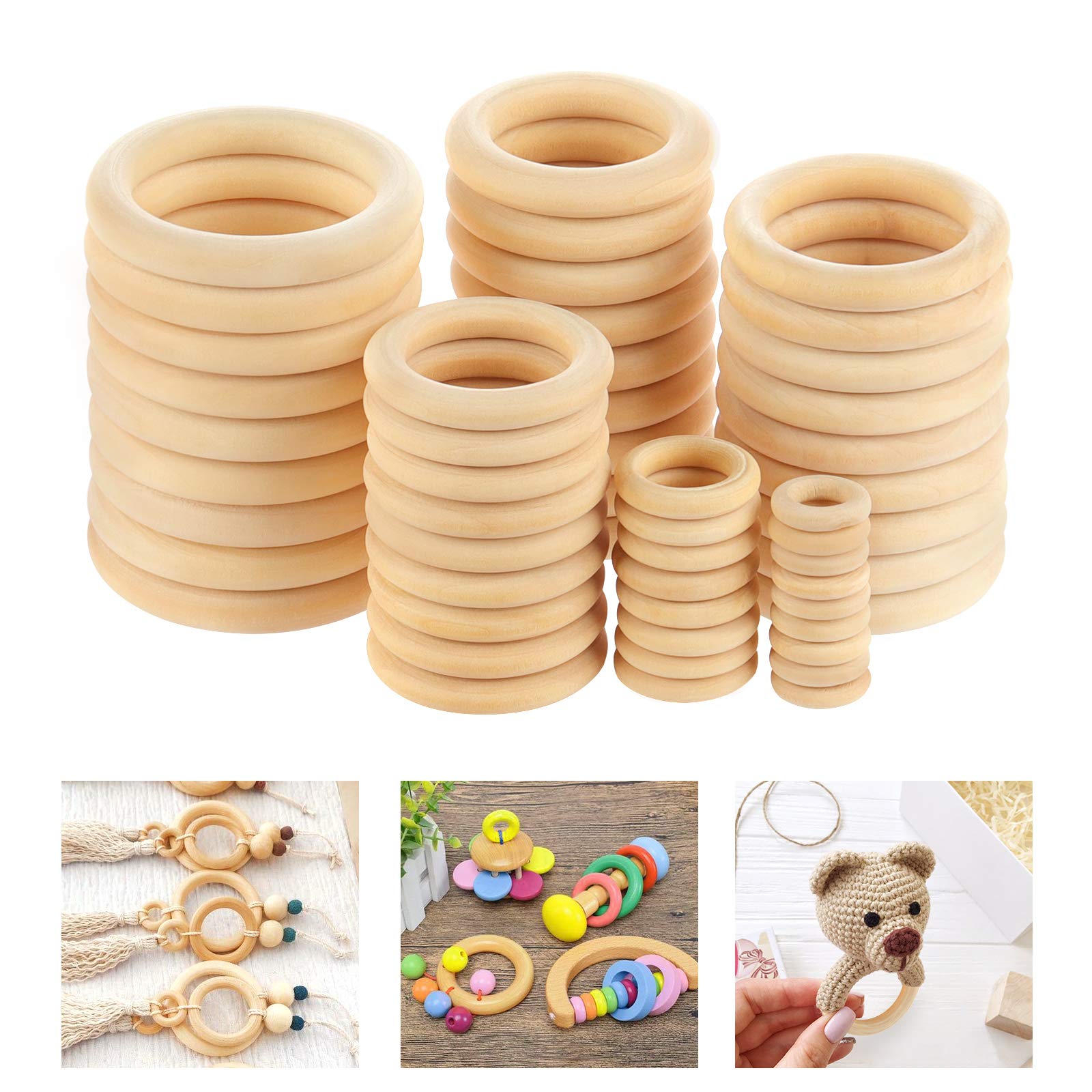 Fuyit 60Pcs Wood Rings, 6 Size Unfinished Solid Natural Wooden Ring Smooth Wood Circles for DIY Crafts, Macrame Decor, Plant Hanger, Toy & Jewelry Making
