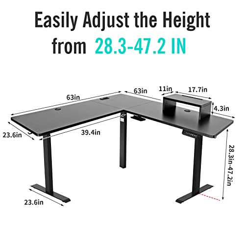 UNICOO - L Shaped Triple Motor Electric Height Adjustable Standing Desk, Computer Corner Desk, Home Gaming Desk, Office Writing Workstation (Black Top/Black Frame - XOT-L3E-BB)