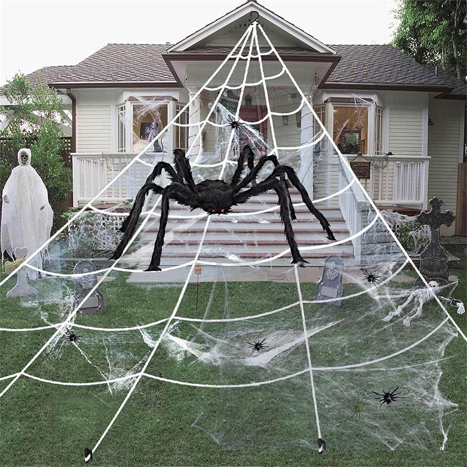 Flyowl Spider Web Halloween Decorations,236" Spider Web+ 50" Giant Spider Decorations Fake Spider with Triangular Huge Spider Web for Indoor Outdoor Halloween Decorations Yard Home Haunted House Decor