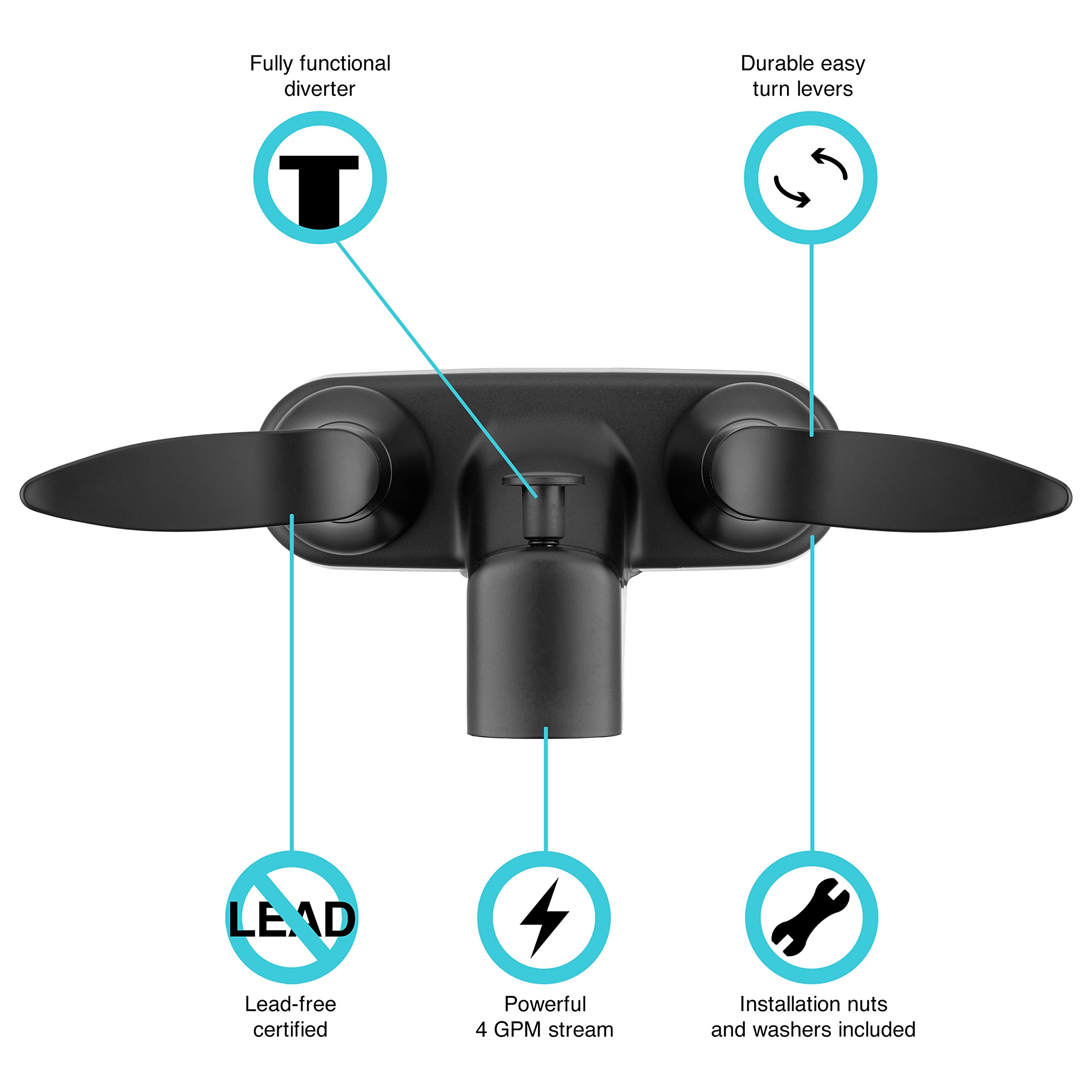 Dura Faucet DF-SA110LH-MB RV Tub & Shower Faucet Valve Diverter with Winged Levers (Matte Black)