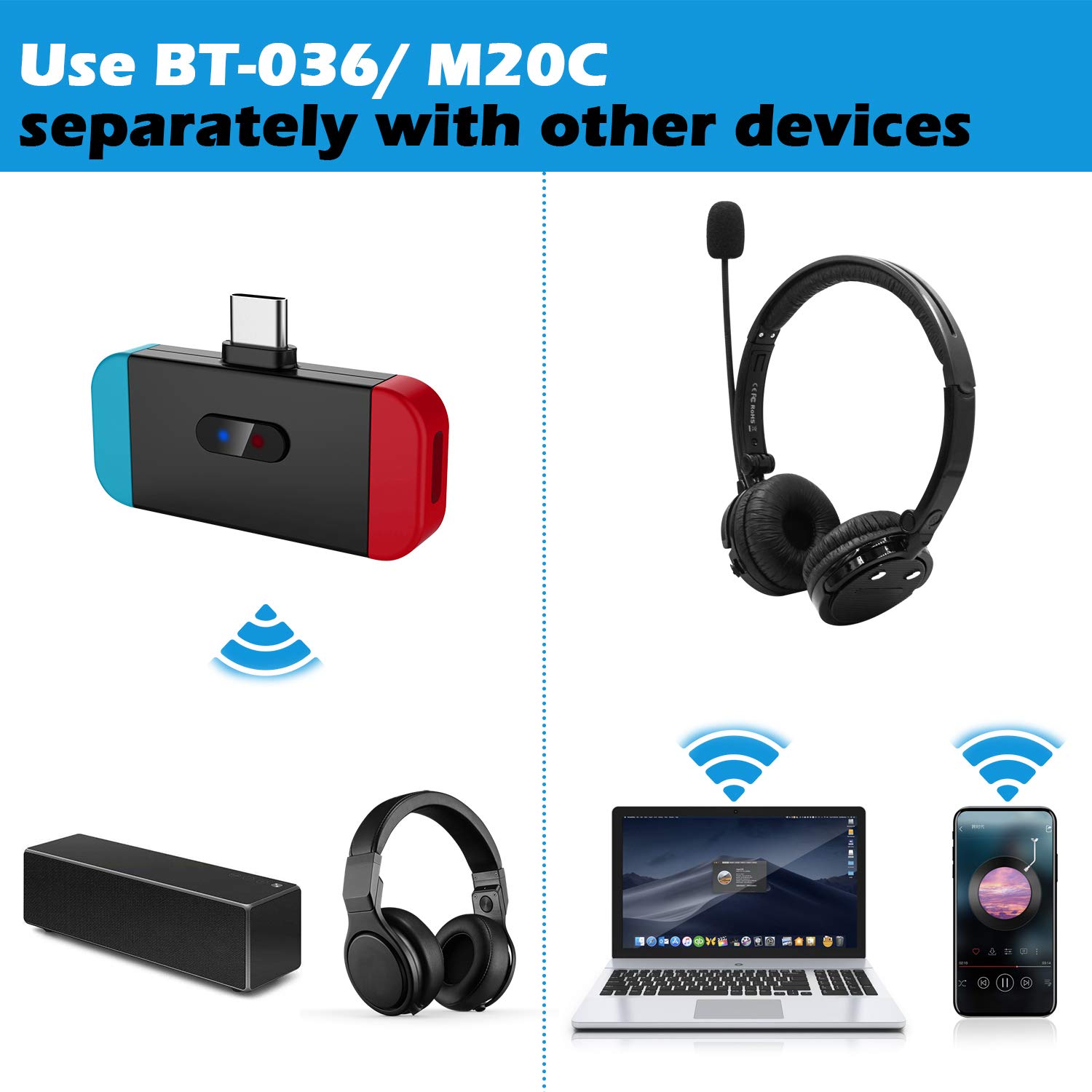 Friencity Wireless Gaming Headset w/Bluetooth Audio Transmitter Adapter set for Nintendo Switch, PC, PS4, PS5, Built-in mic, Support in-Game Voice Chat, Low Latency, Dual Headphones