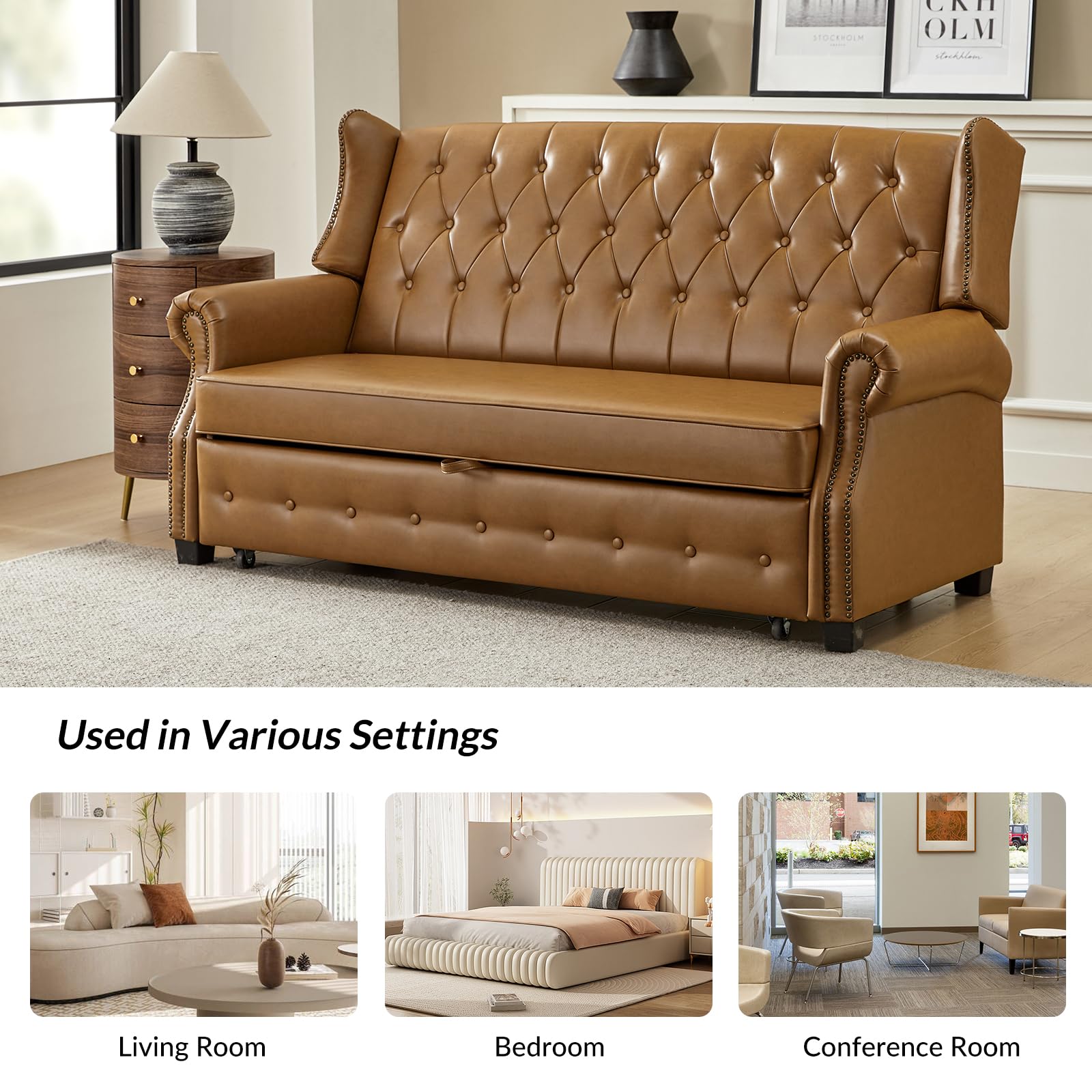 HULALA HOME 74" Leather Couch with Pull Out Bed, Convertible Sofa Bed Couch with Nailhead Arms and Tufted Back, Sleeper Loveseat Sofa for Bedroom Small Spaces, Living Room, Office, Camel