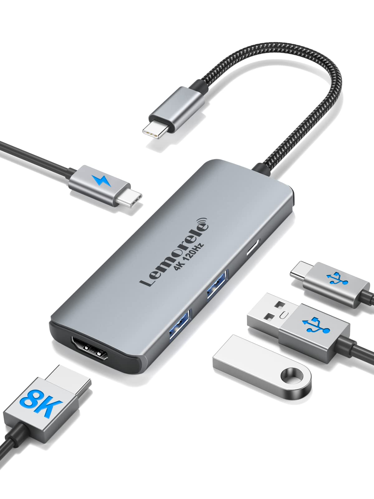 USB C Hub 4K 120Hz, Lemorele USB-C Multiport Adapter 5-in-1 w/HDMI 8K@30Hz, 100W PD, 2 USB 3.0, USB C 3.0 Data Port for MacBook Pro/Air M1, iPad Pro/Air M1/Mini, Surface Pro, XPS, Game Devices