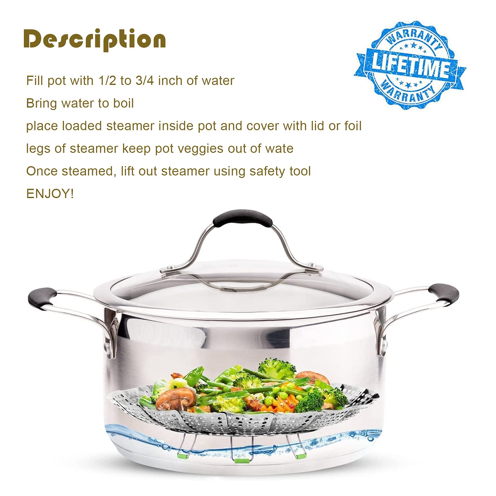 Vegetable Steamer Basket, Stainless Steel Folding Steamer with Extending Removable Center Handle Insert for Veggie Seafood Cooking to Fit Various Size Pot(5.1" to 9")