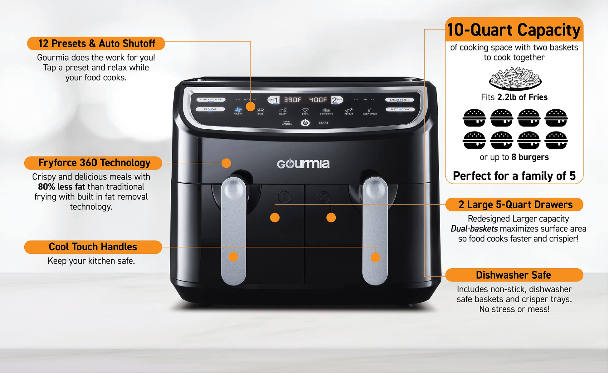 Gourmia 9-Quart Dual Basket Digital Air Fryer, with 7 Functions, Smart Finish and Match Cook,Black/Silver