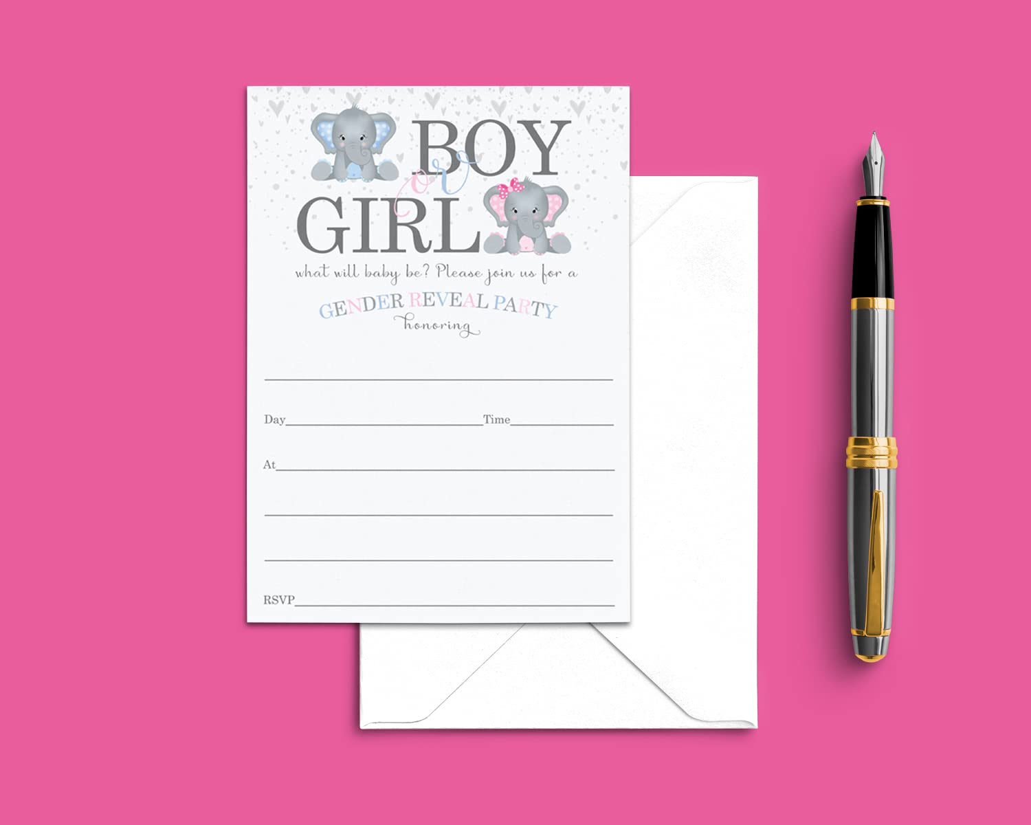 Elephant Gender Reveal Invitations with Envelopes (25 Pack) Invites for Baby Shower Party β Pink and Blue Theme Boy or Girl β Fill-In Details on Blank Card Set 5x7