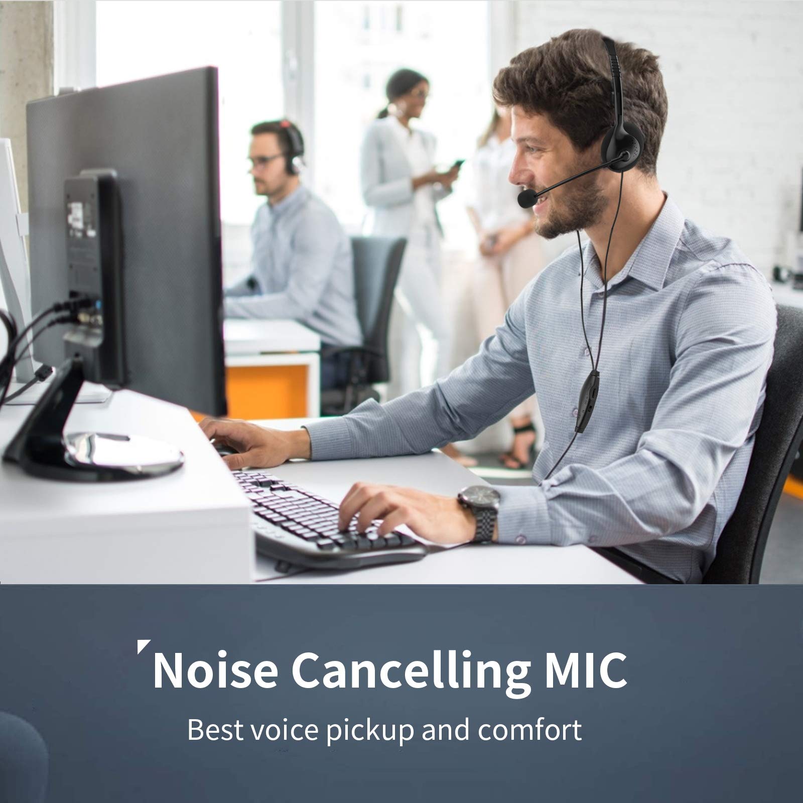 EBODA USB Headset with Microphone, Lightweight Comfort Wire PC Headphones with Inline Volume Control, Computer headsets for Skype, Zoom, Teams, Laptop, Call Center-Black