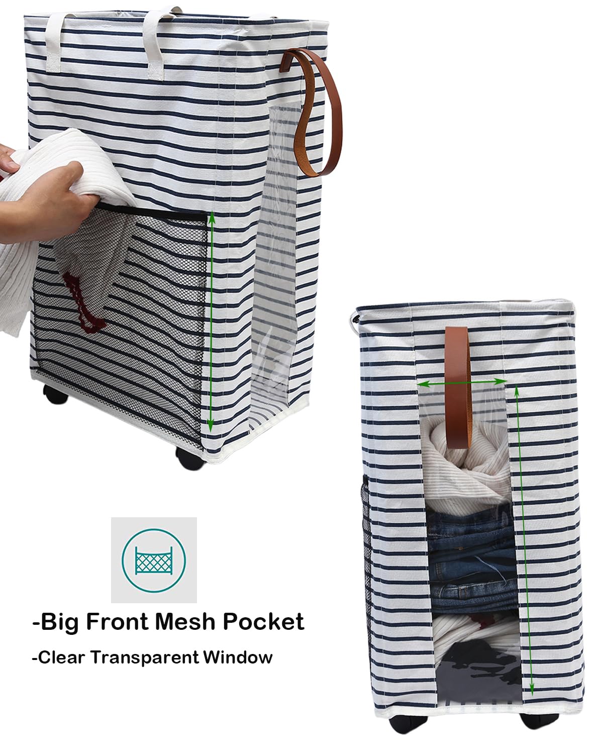 HiCharmcci Laundry Hamper, Wheeled Collapsible Clothes Hampers for Laundry, Large 82L, Dark Blue Strips, Sturdy Oxford Fabric, Mesh Closure, Portable Handle, Transparent Window