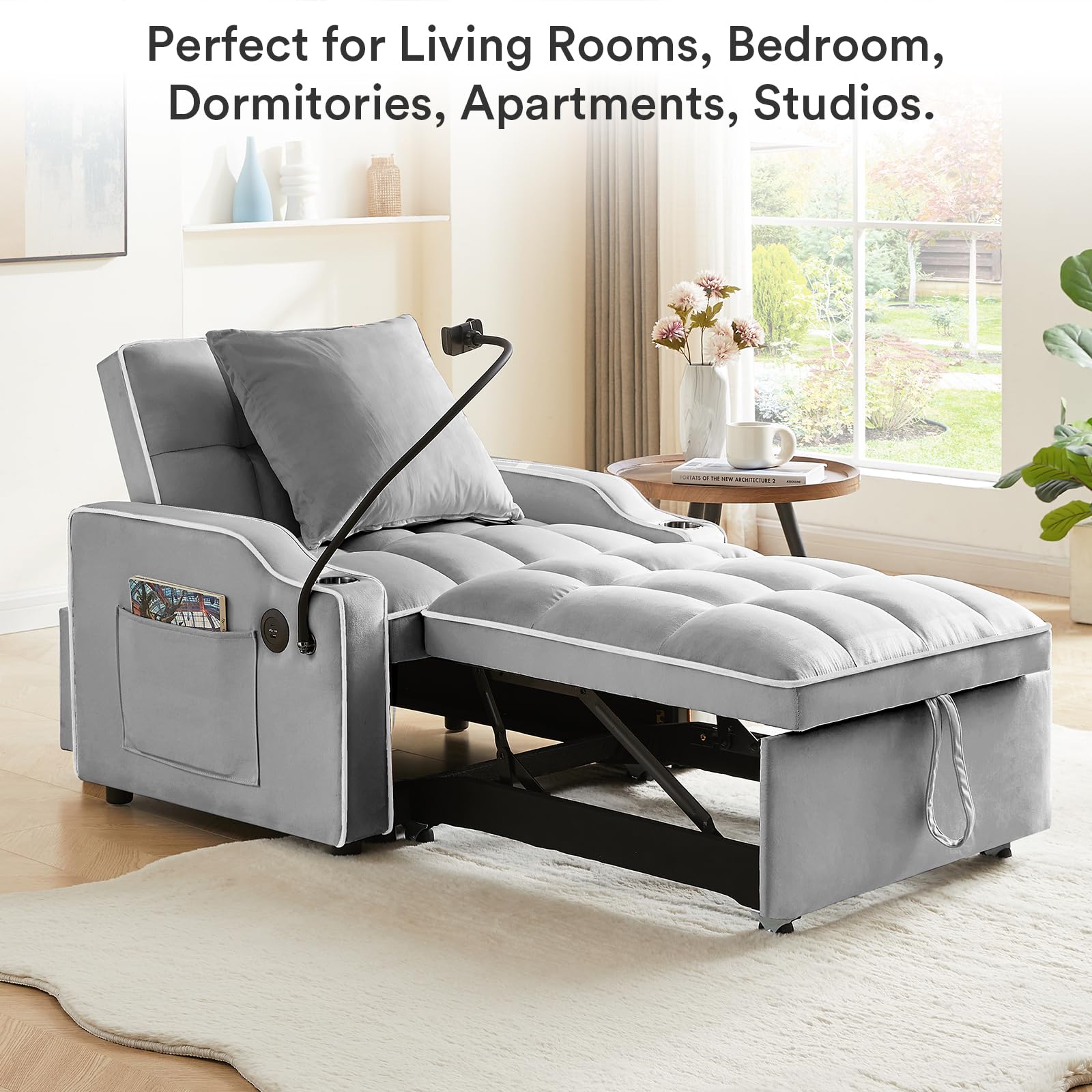 Rovibek 3 in 1 Convertible Sleeper Sofa Bed Pull Out Couch Futon Loveseat Velvet Chaise Lounge with 2 Pockets and 2 Pillows for Living Room, Twin Size, Grey