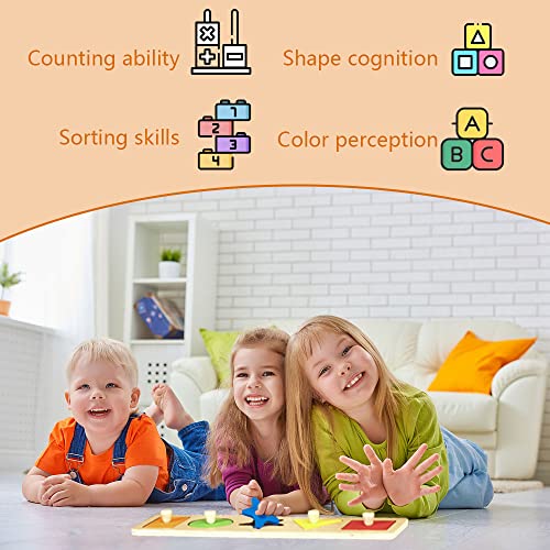 Geometric Shape Pegged Puzzle Learning Montessori Educational Preschool Toys Wooden Shape Peg Puzzles with Knobs for Toddlers and Preschoolers Ages 12 Months Up