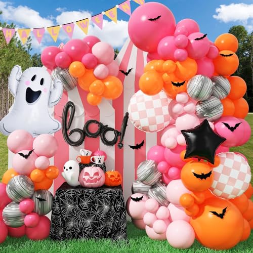 Jobkoo Halloween Balloon Arch BOO Halloween Decor Ghost Star Foil Balloons Pink Orange Latex Balloon Garland Kit 3D Bat Sticker for Kids Happy Halloween Themed Baby Shower Birthday Party Decoration