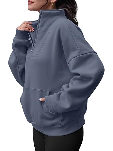 Trendy Queen Half Zip Sweatshirts Quarter Zip Pullover Hoodies for Women Oversized Fleece Soft Sweaters Comfy Fall Winter Clothes 2023 Y2K Greyblue
