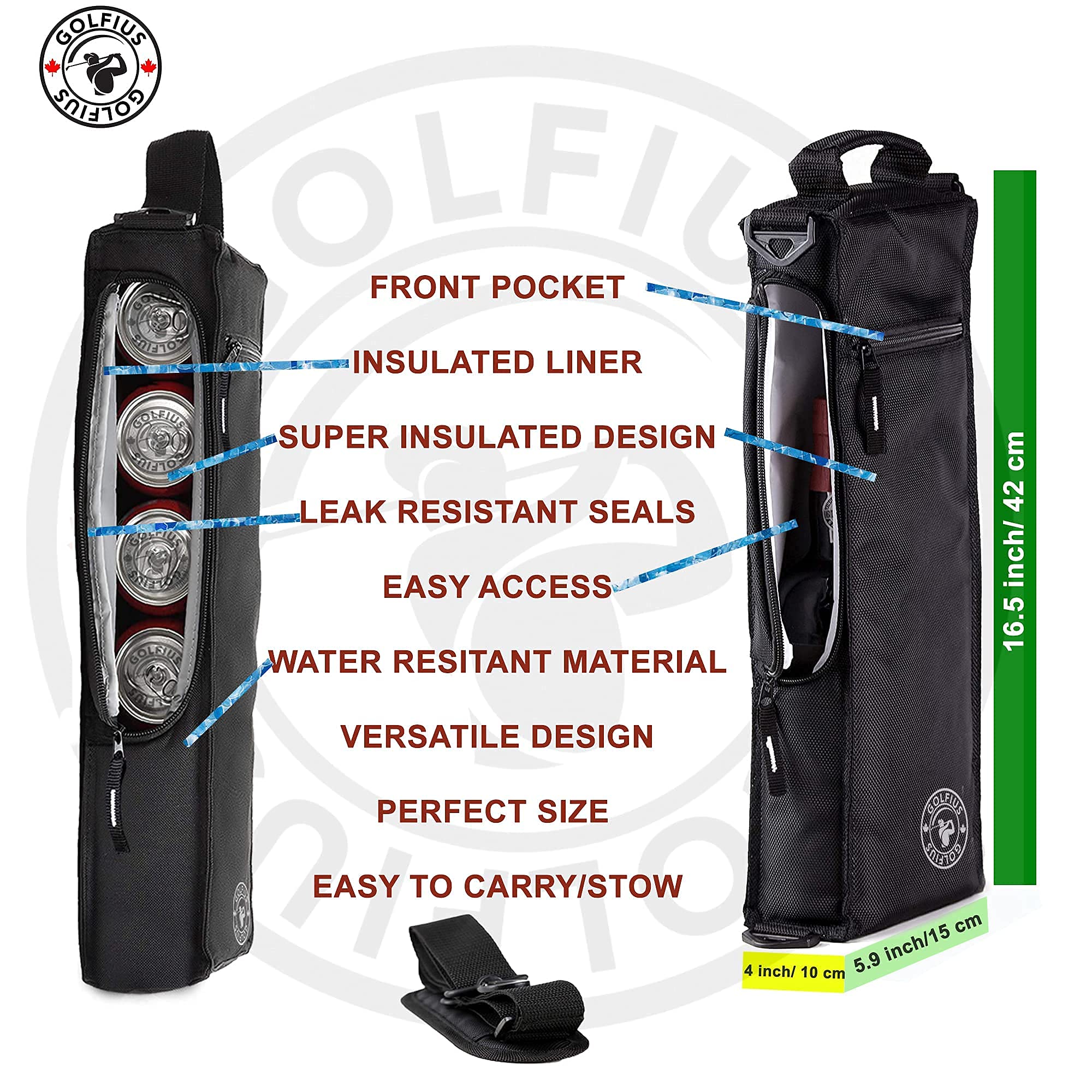 Golfius - Premium Modern Slim Golf Cooler Bag -Soft Insulated Beer Cooler Holds 6 Pack of Cans or 2 Wine Bottles. Golf Necessities, Great for Golfing, Beach Parties, Picnic, Camping, Hiking .(Black)
