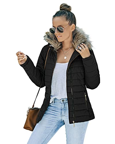 Vetinee Women Casual Faux Fur Lapel Zip Pockets Quilted Parka Jacket Puffer Coat Black XX-Large (Fits US 18-US 20)