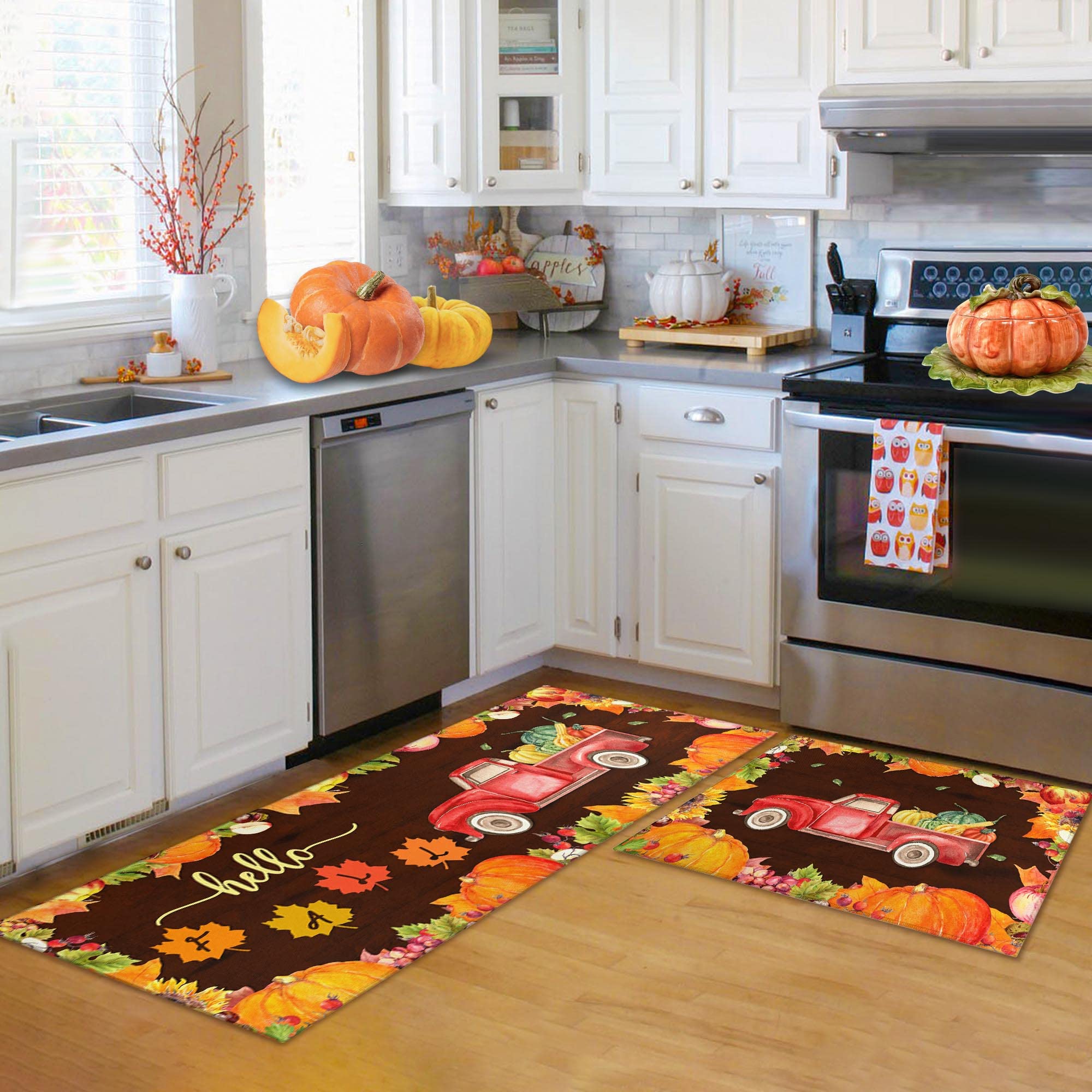 flippana 2 Pcs Fall Kitchen Rugs and Mats for Floor Non-Slip Backing Mat, Fall Decor Anti Fatigue Kitchen Rug Sets with Runner Fall Decorations for Home (Color 03, 17"x47.2"+17"x30")