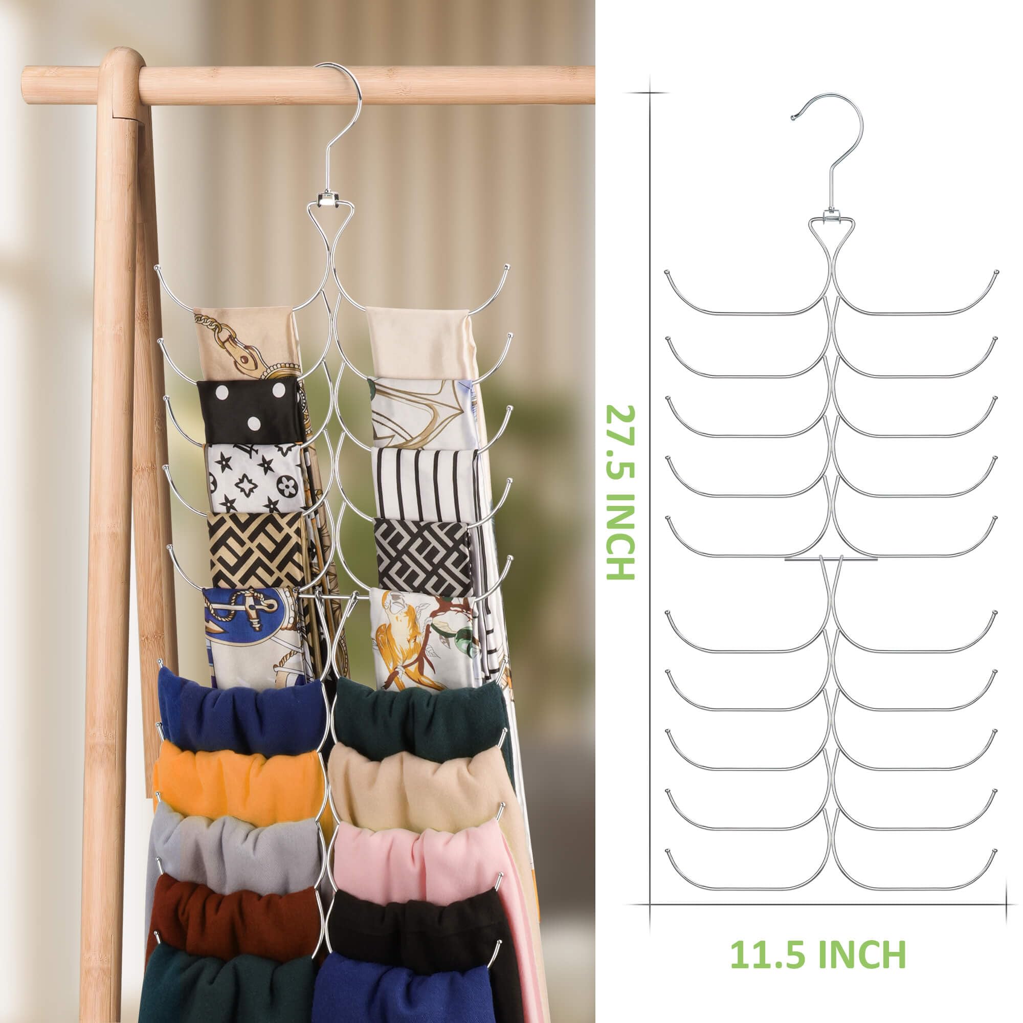 OMHOMETY Upgraded Scarf Hanger for Closet, 40 Large Capacity Scarf Organizer, Space Saving Scarf Holder Hijab Rack, Silver 2 Pack