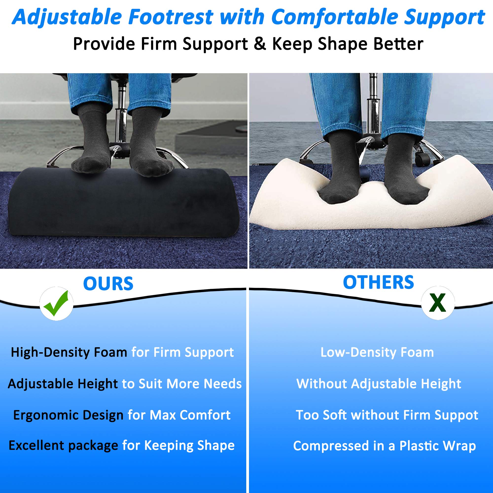 Foot Rest for Under Desk at Work, Ergonomic Foot Stool with 2 Adjustable Heights for Office, Work, Car, Gaming, Computer, Soft Foot Cushion with Memory Foam, Washable Velvet Cover, Non Slip
