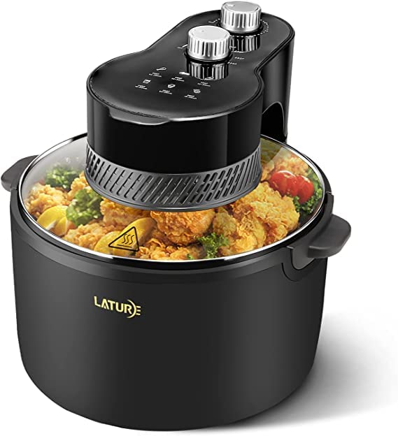 LATURE 5.5 QT Air Fryer Timer & Temperature Controls, with Glass Lid, Dishwasher Safe and Non-stick Basket, 1300W, Oil-Less Healthy Cooker MET Certified with Recipes (Black-Glass Lid)