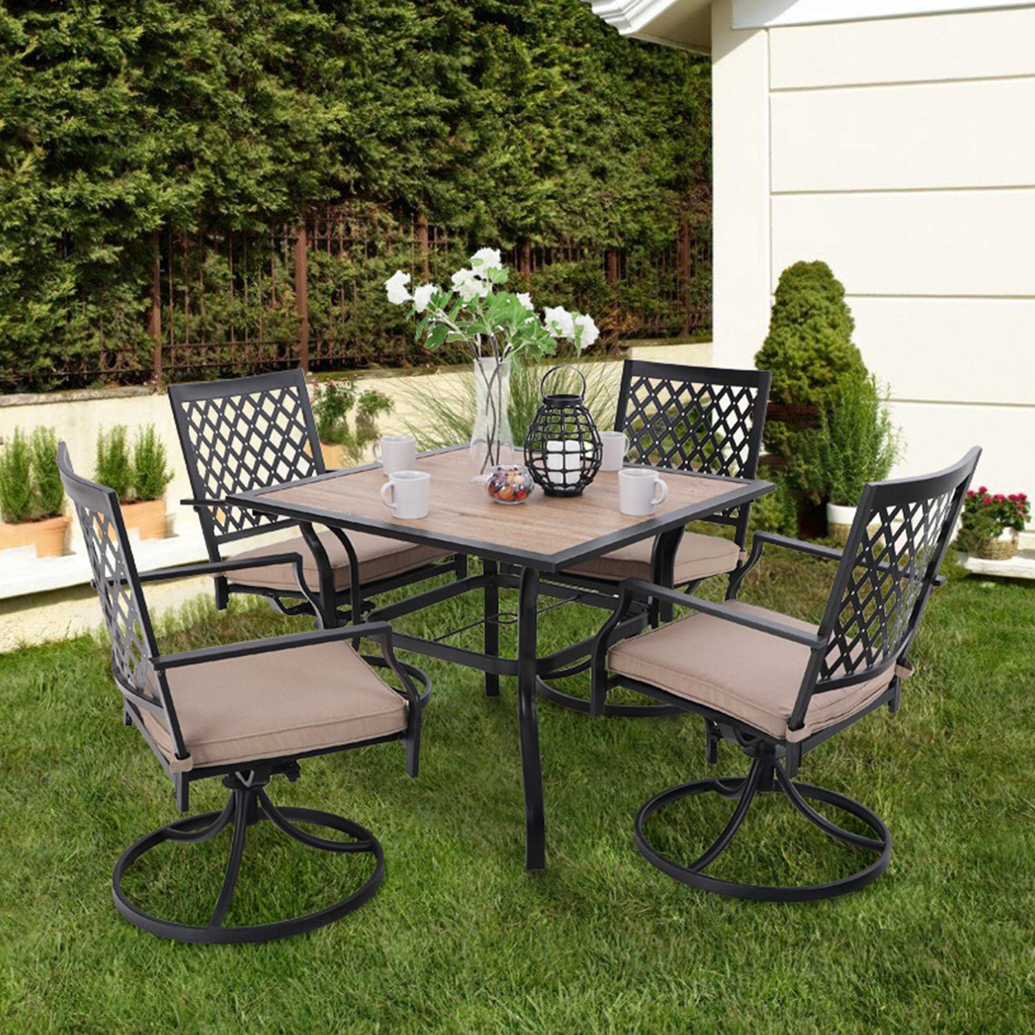 PHI VILLA Outdoor Patio Wood-Like 37" Square Dining Table and Arm Swivel Chairs Furniture Set of 5