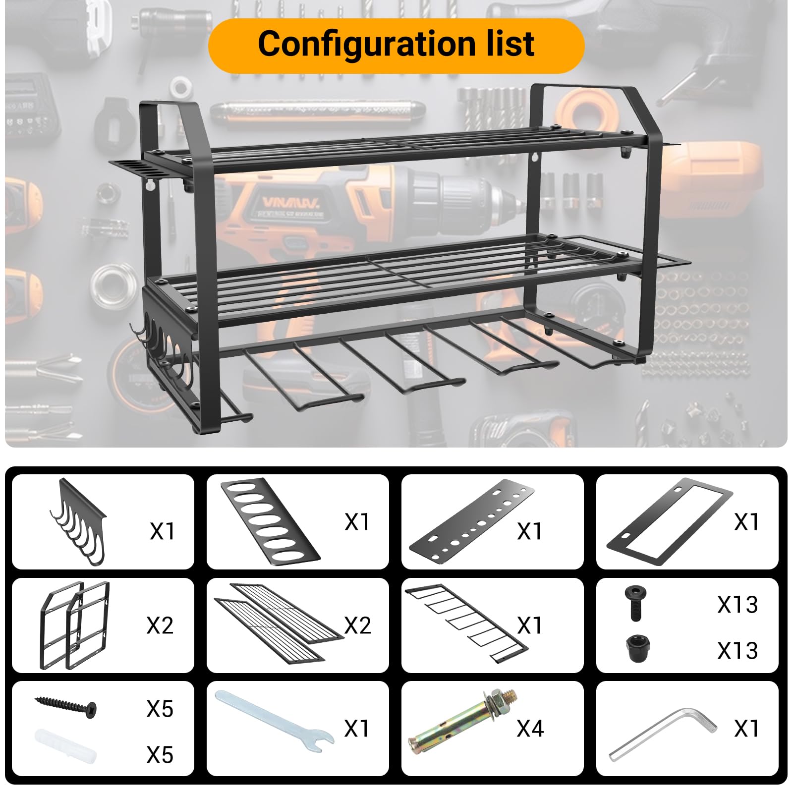 Power Tool Organizer Heavy Duty Wall Mount Tool Storage, Large Capacity Garage Organization Metal Utility Racks with 4 Drill Holders and Tool Slots