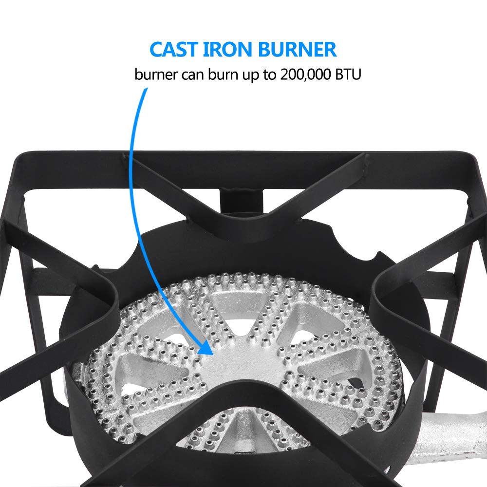 FRITHJILL Outdoor Stove Propane Gas Cooker with Adjustable 0-20Psi Regulator,20W BTU Propane Gas Single Burner Cast Iron Gas Cooker with Stand