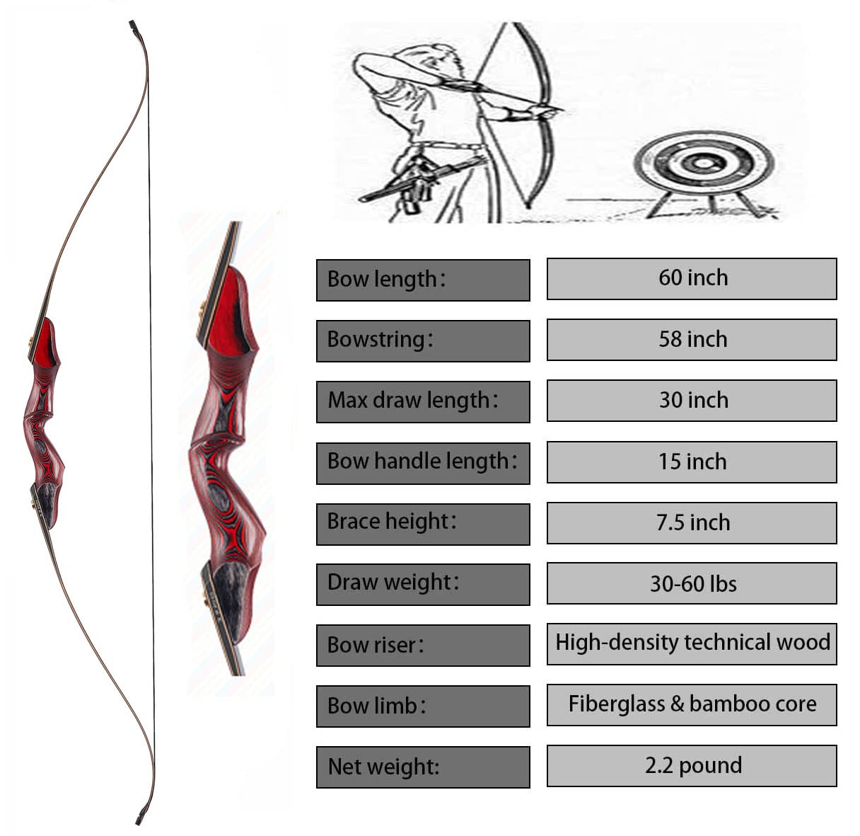 GOLRESOL 60" Archery Bow and Arrows Set for Adults Takedown Recurve Bow Survival Longbow Bamboo Core Limbs for Right Handed Shooters Target Shooting Hunting Practice (60Lb)