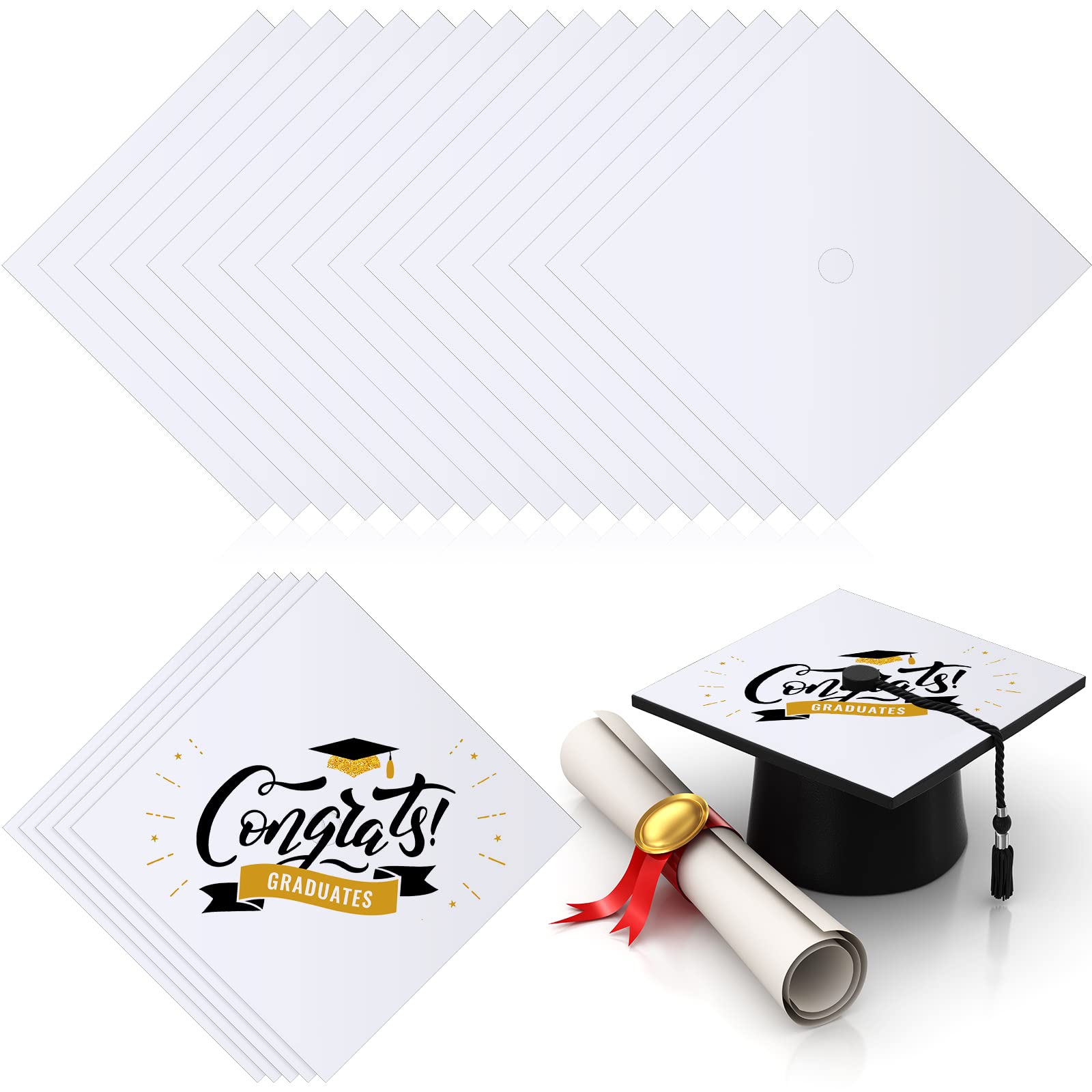 Graduation Cap Topper Blank Sublimation Graduation Cap Topper Sticker White Adhesive Grad Hat Decoration Blank Grad Cap Decals Printable with Inkjet or Laser Printers for Graduation Party (30 Pcs)