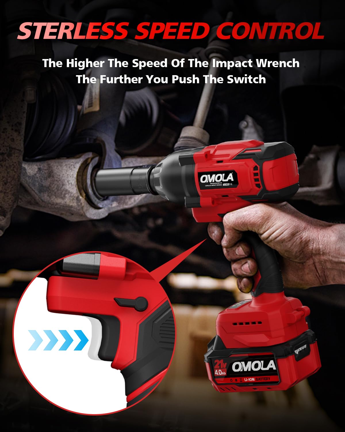 OMOLA Cordless Impact Wrench,1/2 impact gun,700 Ft-lb(950NM) High Torque 3200 RPM,with a 15C 21V 4.0Ah Li-Ion Battery, Fast Charger,Brushless motor,4 Sockets,Electric Impact Wrench for Car Truck RV