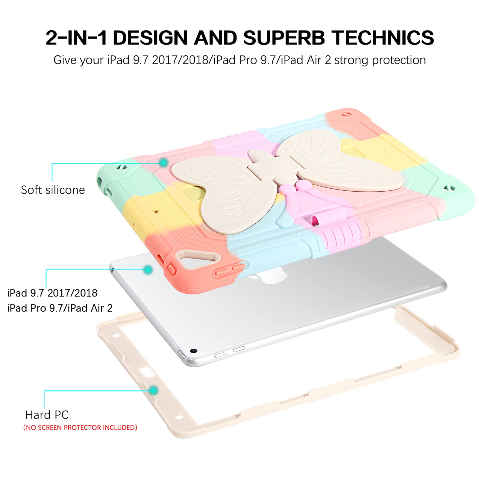 VENINGO iPad Air 2 & iPad 9.7 2017/2018 & iPad Pro 9.7 Case, iPad 5th/6th Generation Case, 2 in 1 Rugged Full Body Shockproof Protective Girls Women Tablet Cover with Stand Pen Holder, Colorful Pink