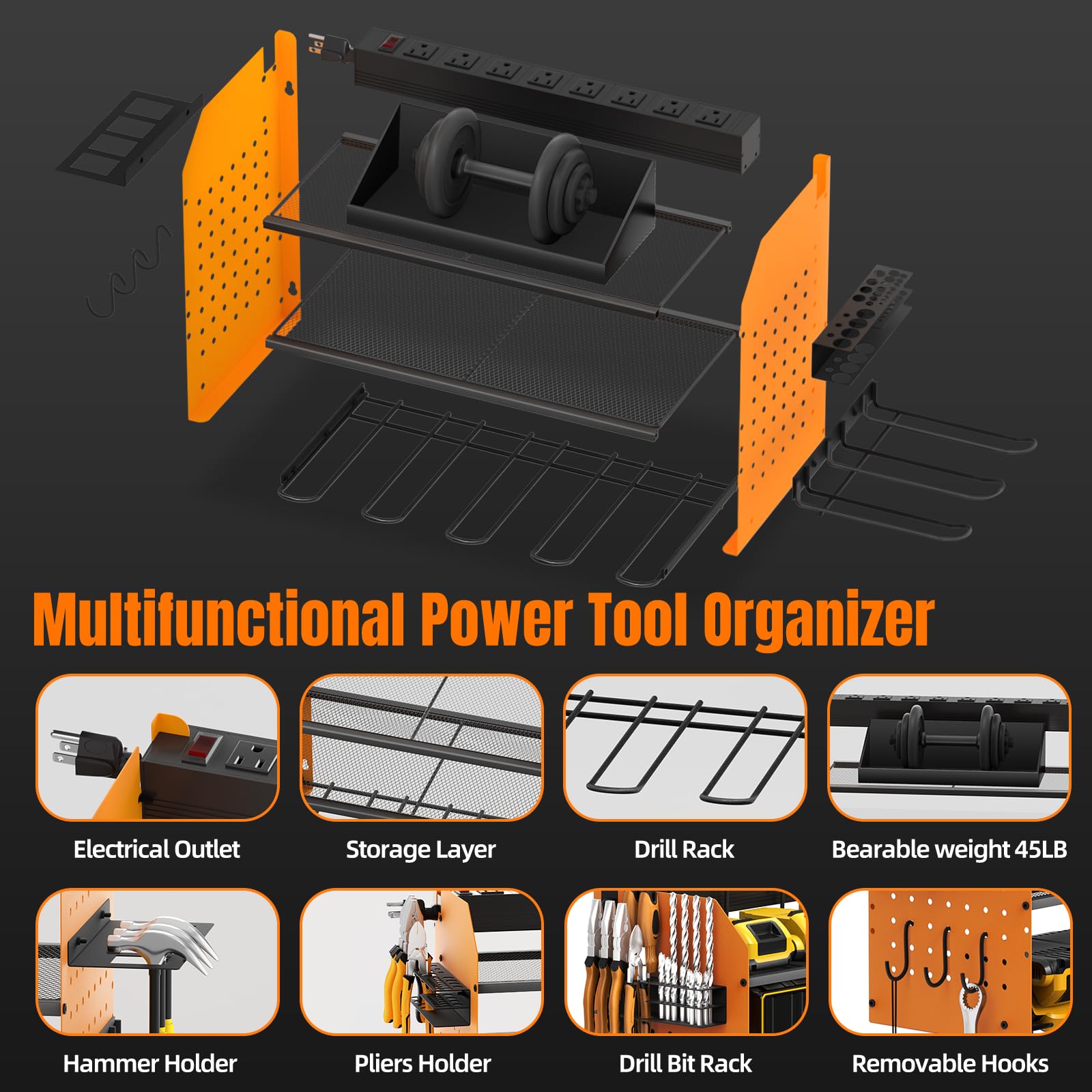 Power Tool Organizer Wall Mount with Charging Station, Utility Racks with Drill Holder for Garage Organization, Tool Shelf with Hooks, Screwdriver/Plier/Hammer/Drill Bit Holder, 8 Outlet Power Strip
