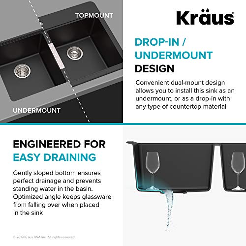 Kraus Quarza Kitchen Sink, 33-Inch Equal Bowls, Black Onyx Granite, KGD-433B model