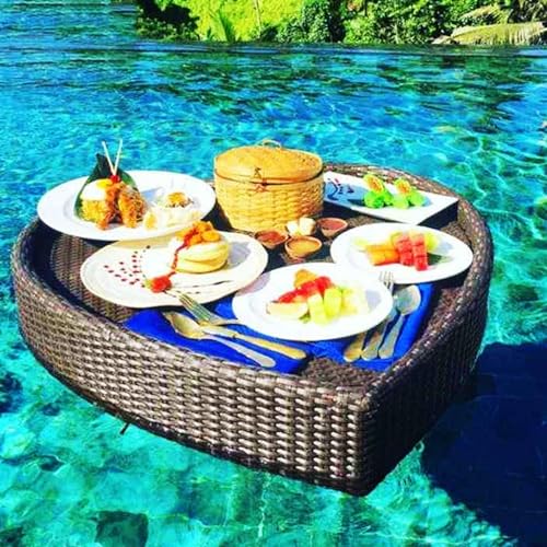Floating Tray Floating Serving Tray DIY Floating Tray, Heart Rattan Woven Floating Serving Tray Table, Swimming Pool Float for Sandbars, Spas, & Parties (Color : Black)