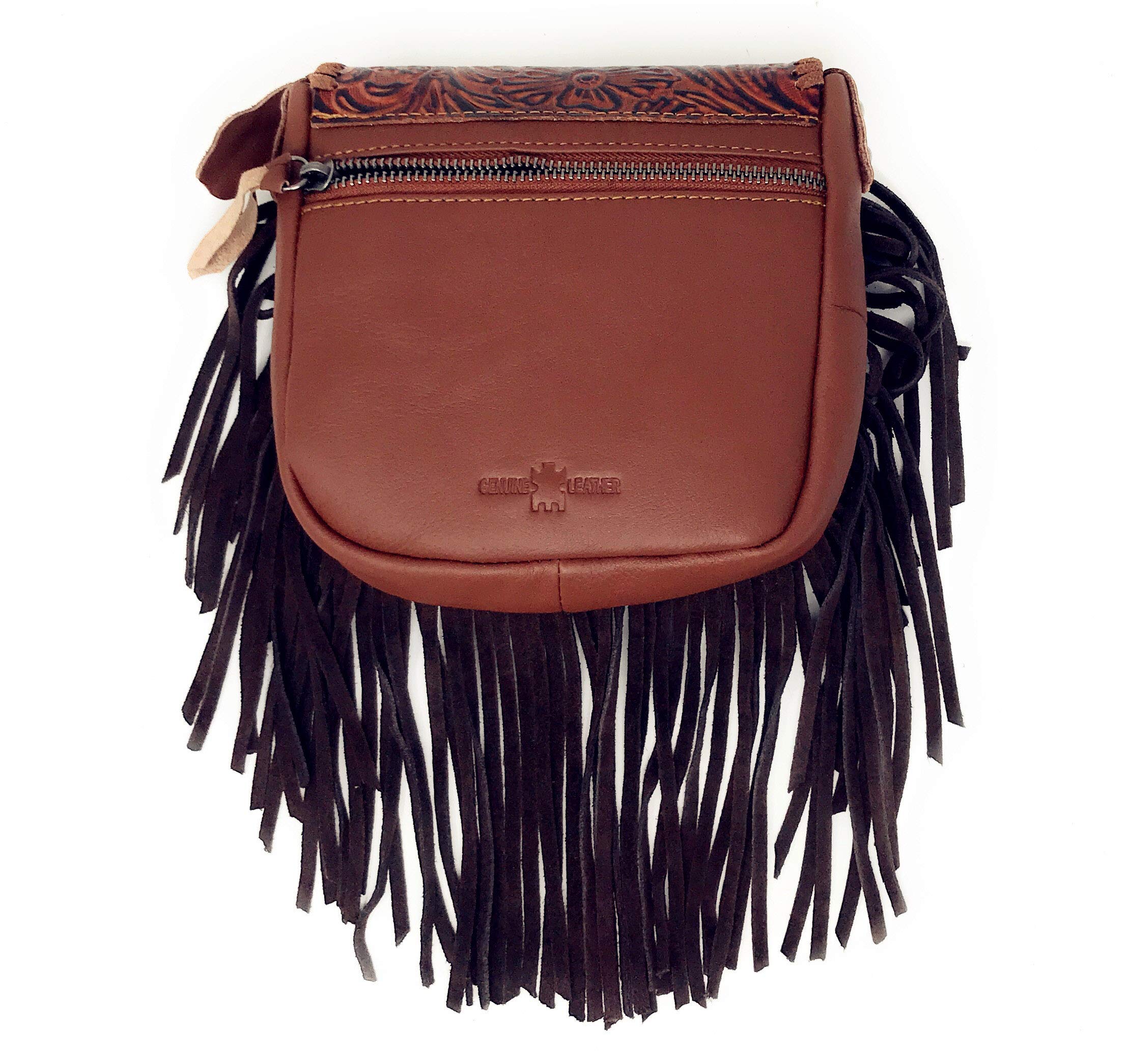 Texas West Western Genuine Leather Tooled Horse Fringe Women's Crossbody Bag in 2 colors (Brown)