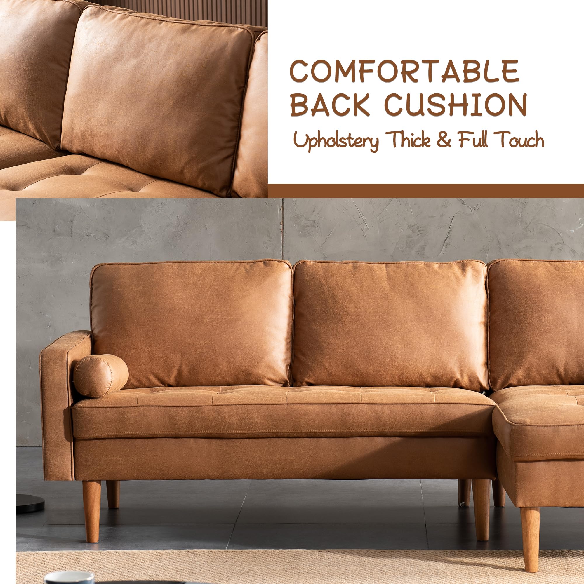 ovios 83" L-Shape Sofa Couch with Chaise, Suede Leather Couches with Comfy Cushions, Minimalism Deep Seat Cloud Sofas for Living Room Apartment, Right Chaise, Brown