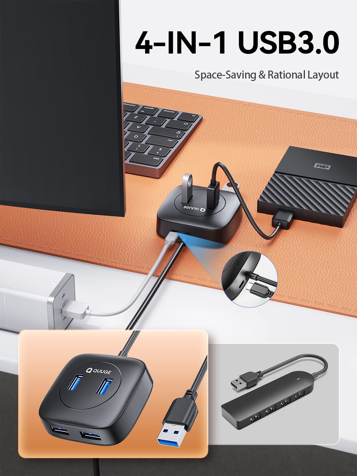 USB Hub, USB 3.0 Hub with 4 USB A Port 5Gbps, 1.8ft Extension Cable, Micro Charging Port, USB Splitter USB Expander for Laptop, HDD, Flash Drive, Macbook, XPS, PS5, TV, PC, Switch More [Universal]