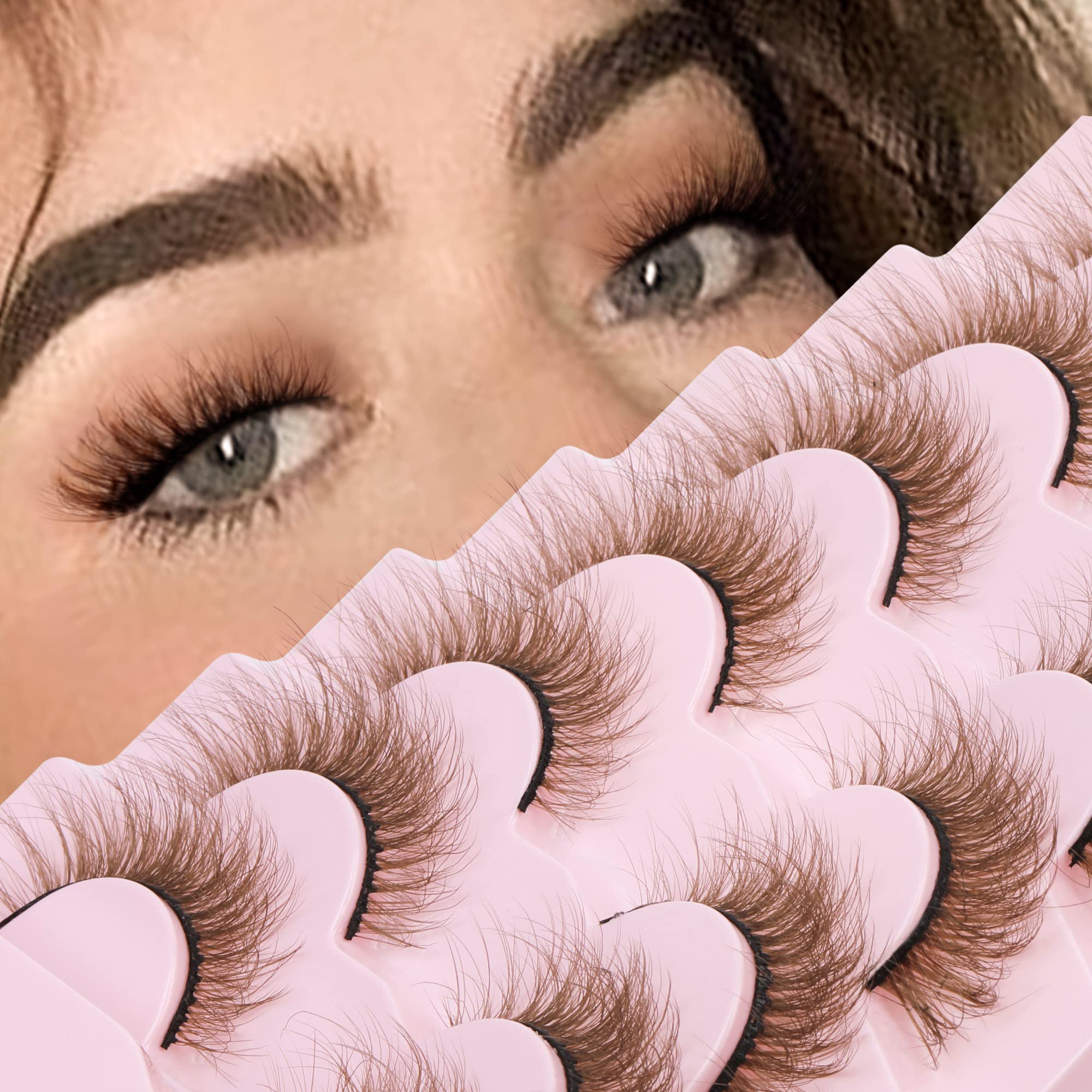 Mink Lashes Fluffy Brown False Eyelashes Natural Look Volume Wispy Cat Eye Lashes 15mm 7 Pairs Pack by FANXITON