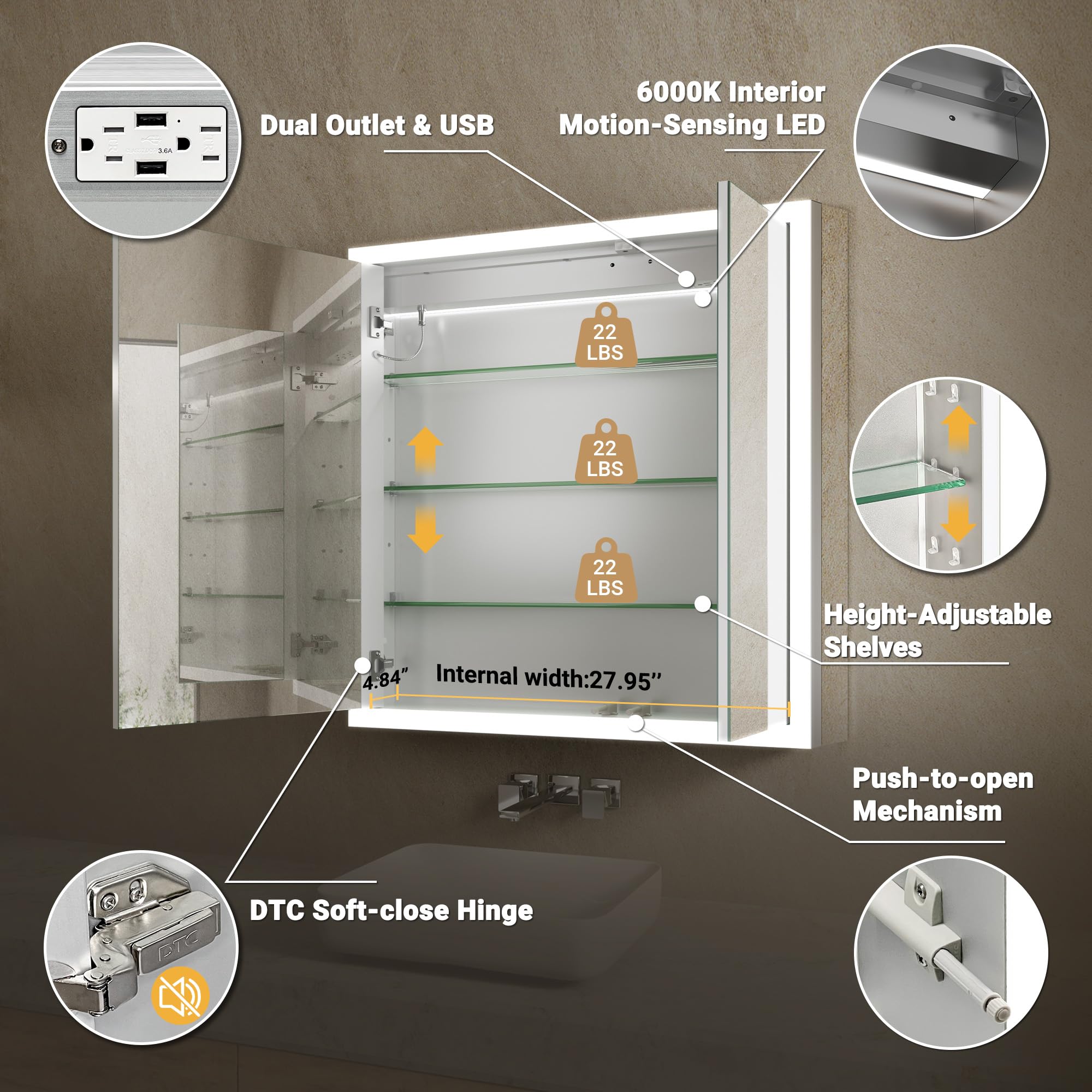 QueenFun 30x32 LED Medicine Cabinet with Mirror, Surface or Recessed Lighted Medicine Cabinet with Mirror, Dimmable Fogless Aluminum Medicine Cabinet with Outlet, Time Display& Built-in Sensing Light