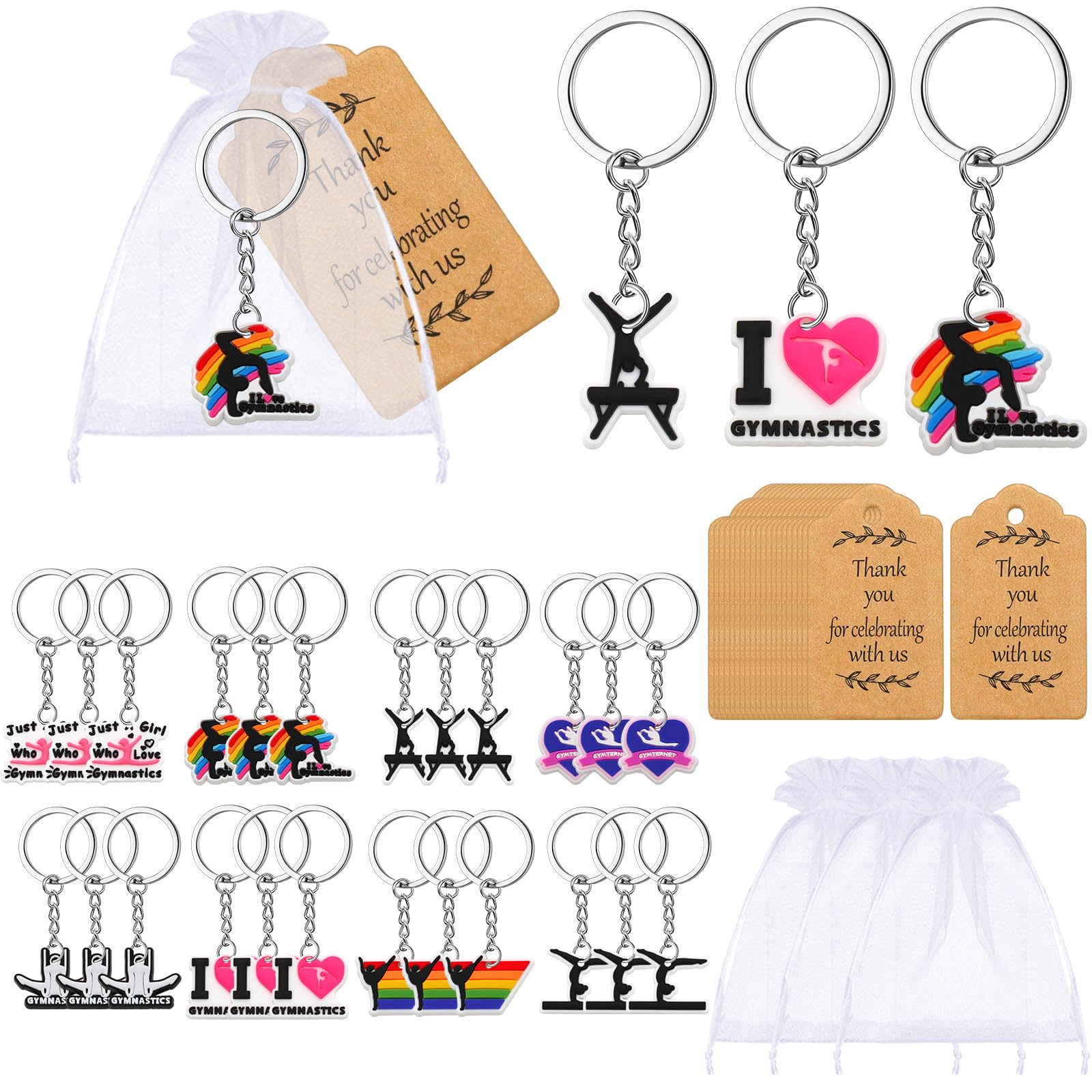 Quelay 24 Pcs Gymnastics Party Favors Gymnastics Keychains Gymnastics Party Gifts Gymnastics Theme Birthday Party Supplies with Organza Bag and Thank You Kraft Tag for Backpack Handbag Decoration