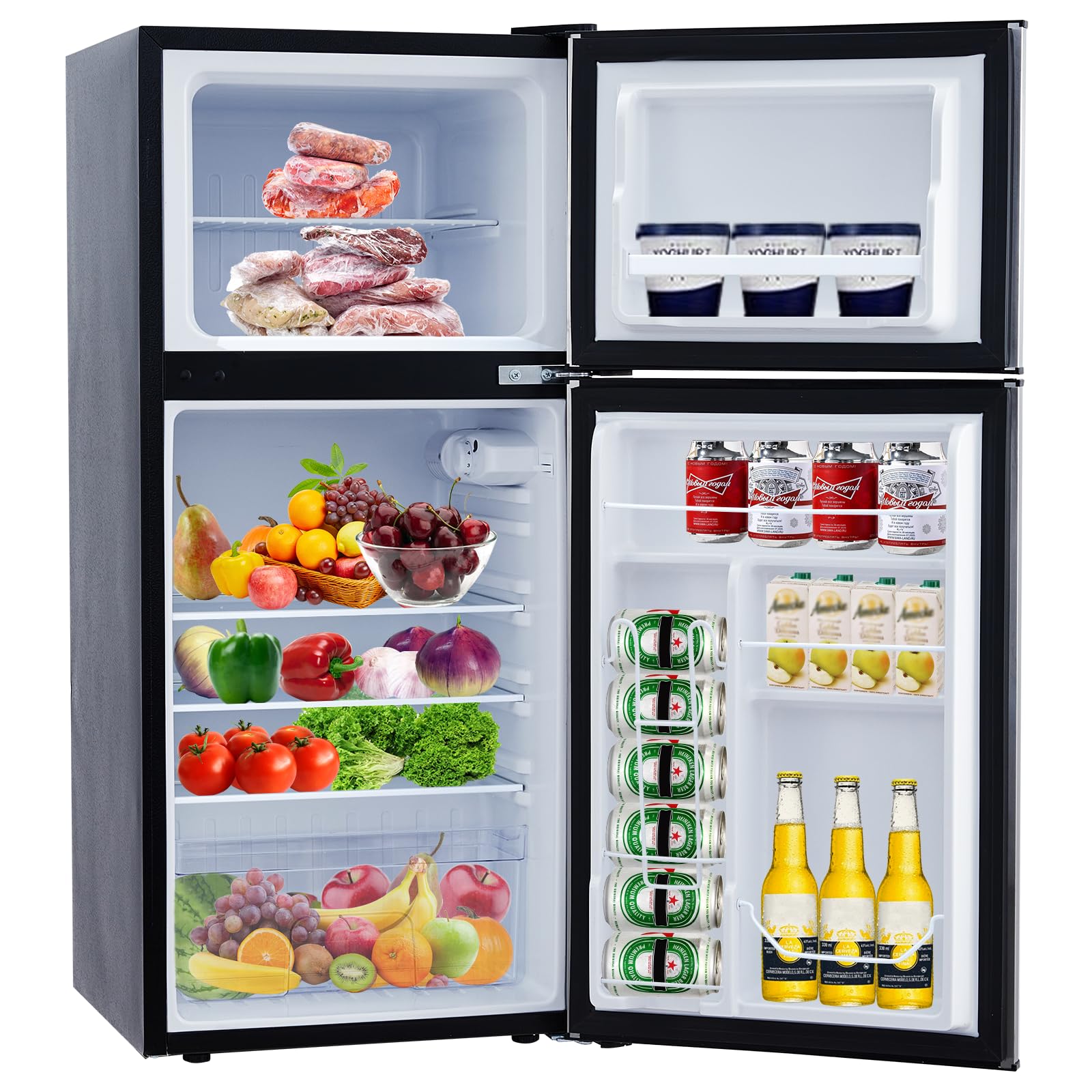 Litake 4.5 Cu. Ft Mini Fridge with Freezer, Refrigerator with Stainless Steel 2 Doors, 5 Adjustable Thermostat Settings, Compact Refrigerators with Crisper Drawer for Apartment, Dorm, Office, 128L